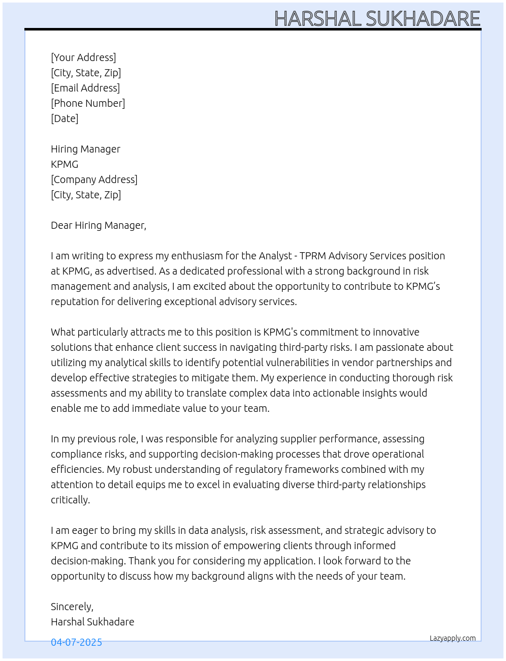 Cover letter for analyst - tprm-advisory services - LazyApply