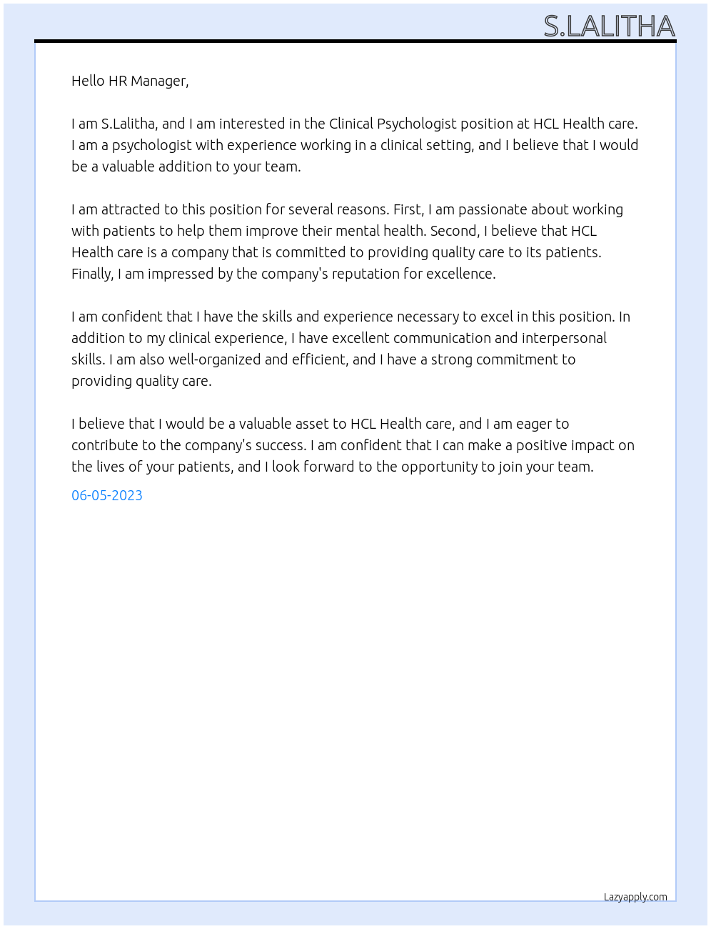 Cover letter for clinical psychologist - LazyApply