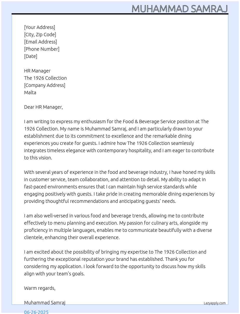 Cover letter for food & beverage service - LazyApply