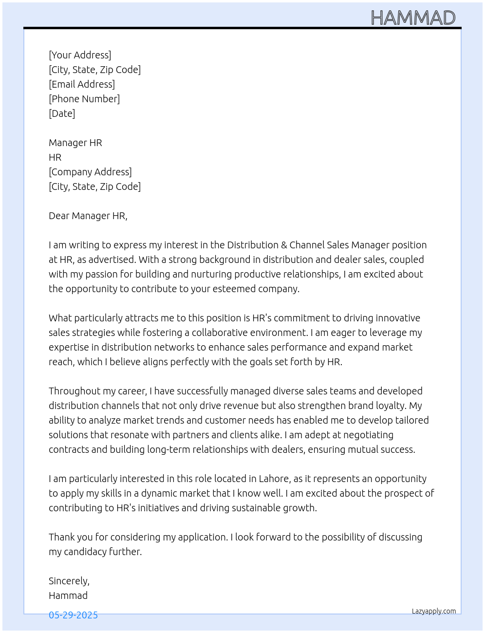 Cover letter for distribution & channel sales manager - LazyApply