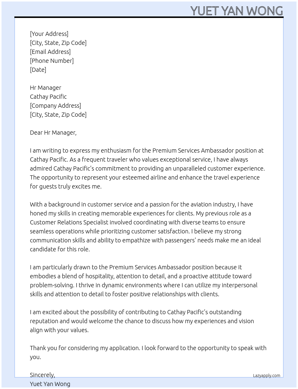 Cover letter for premium services ambassador - LazyApply