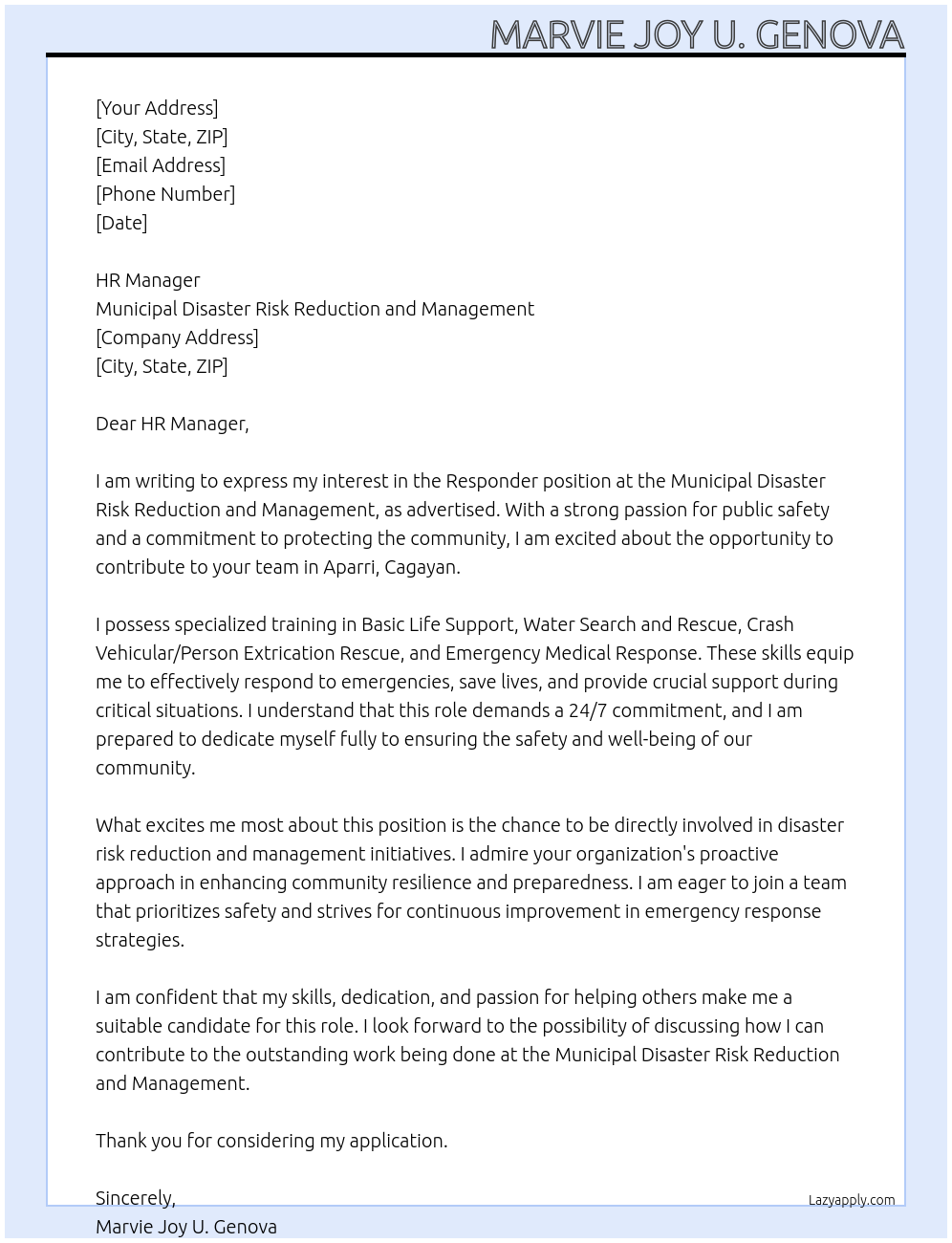 Cover letter for responder - LazyApply