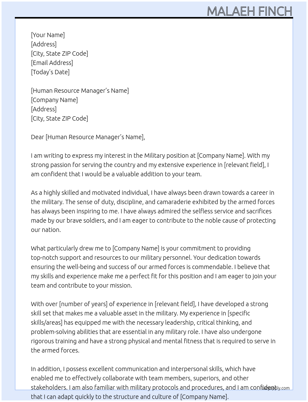 Cover letter for military - LazyApply