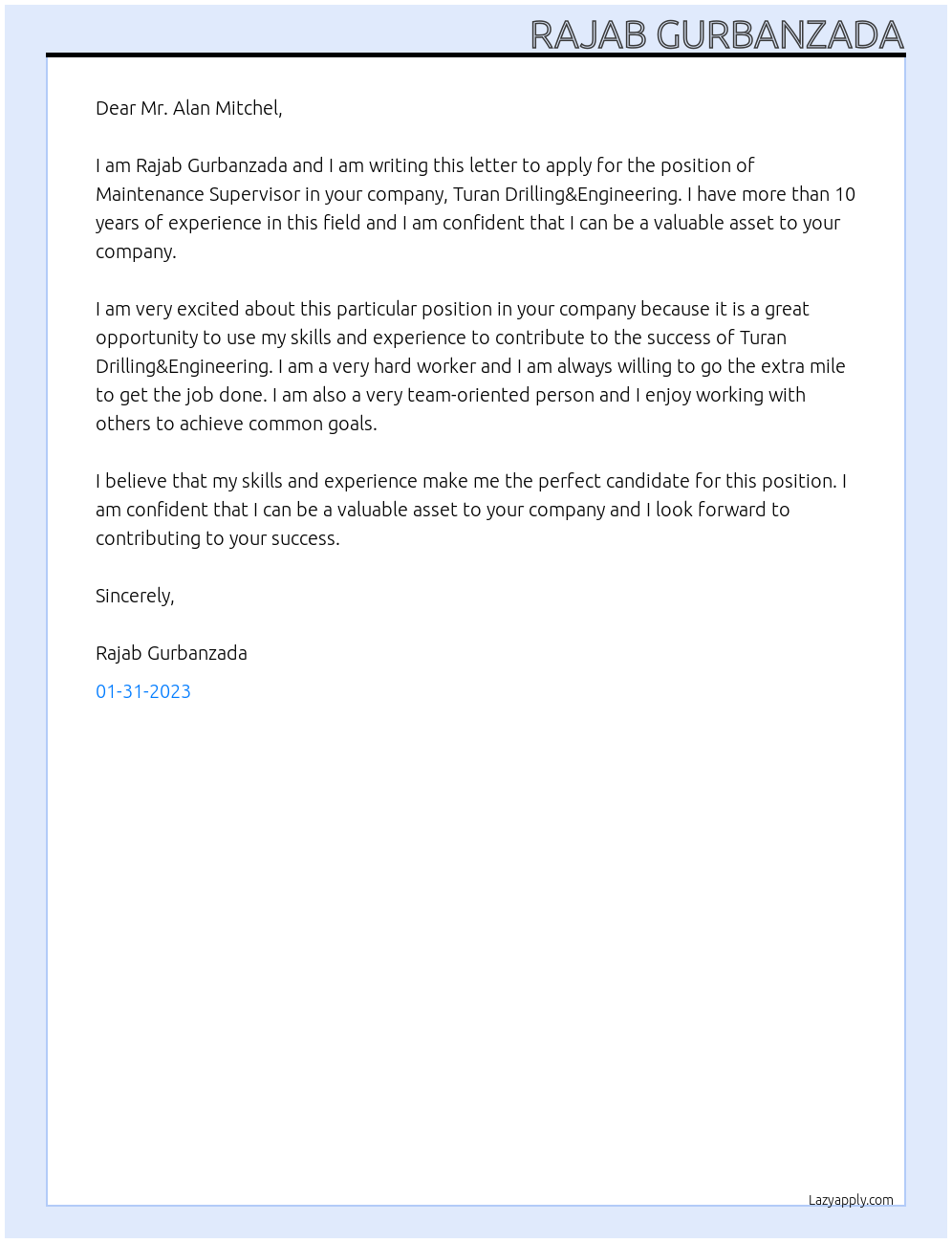 Cover Letter For Maintenance Supervisor LazyApply