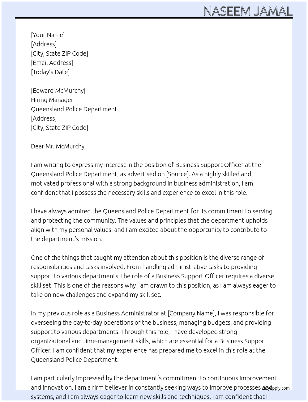 Cover letter for business support officer - LazyApply