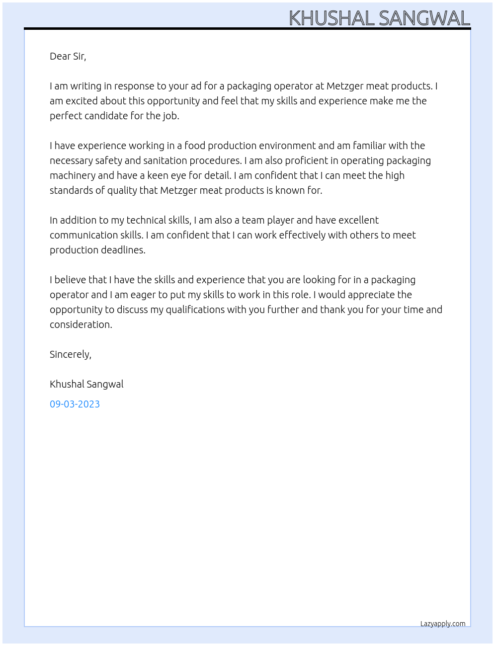 Cover letter for packaging operator - LazyApply
