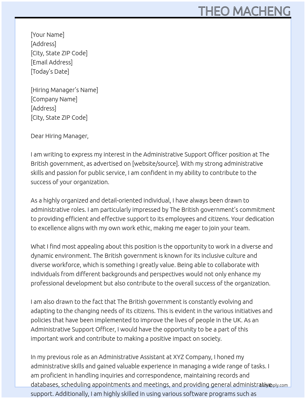 Cover letter for administrative support officer - LazyApply
