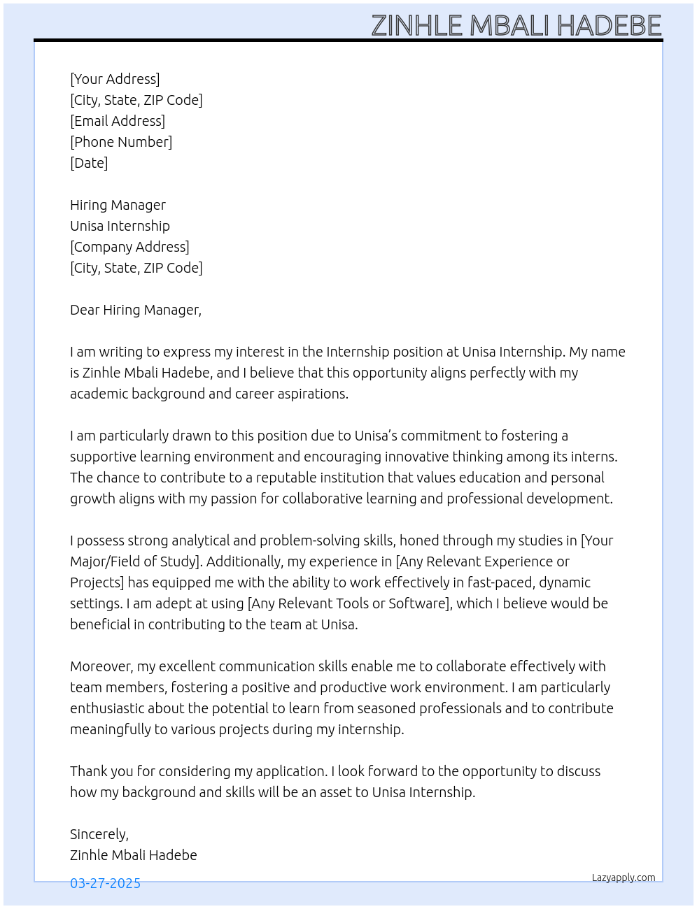 Cover letter for internship - LazyApply