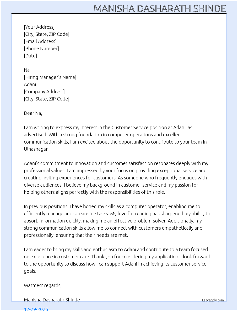 Cover letter for adani customer service vacancy - LazyApply
