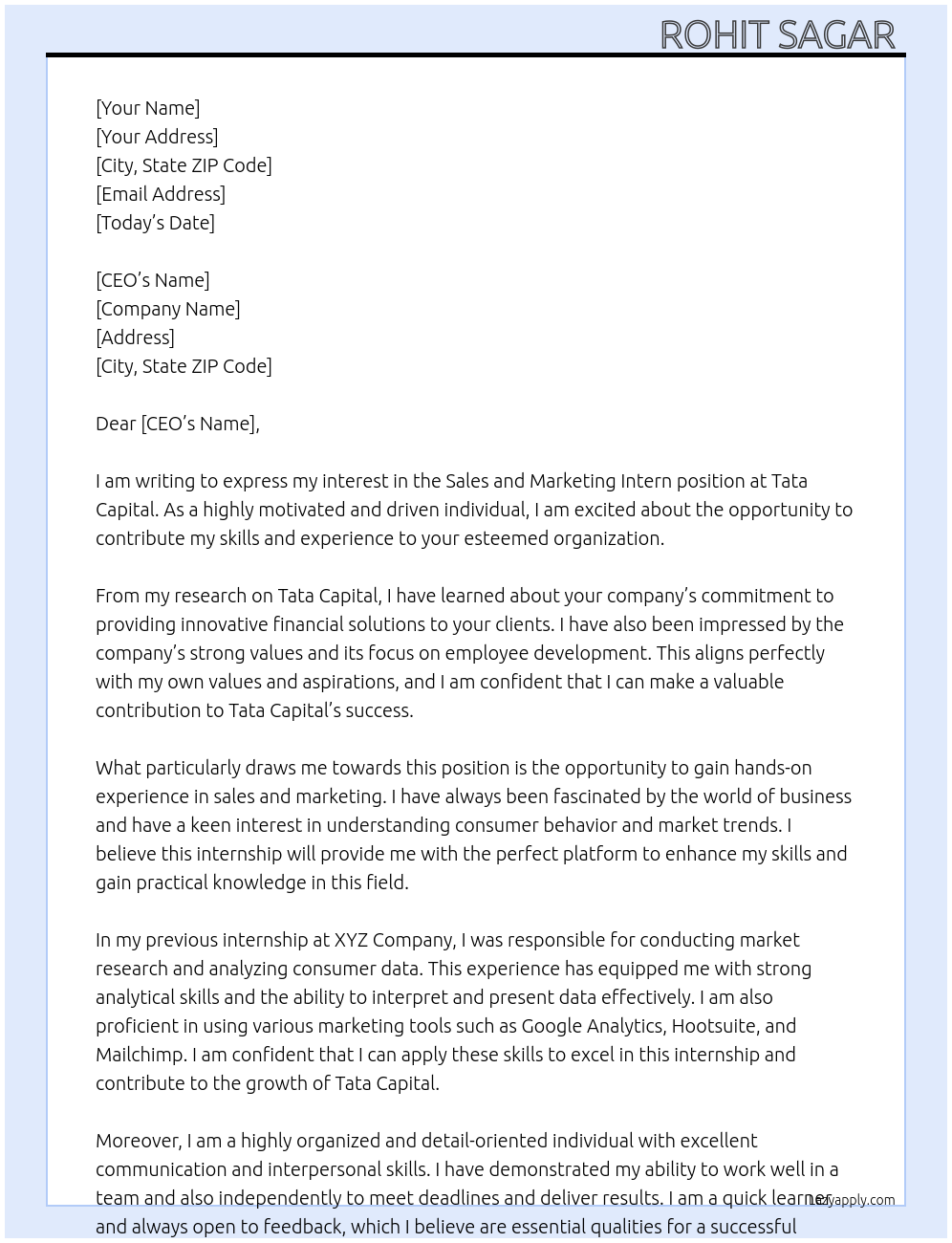 Cover letter for sales and marketing intern - LazyApply