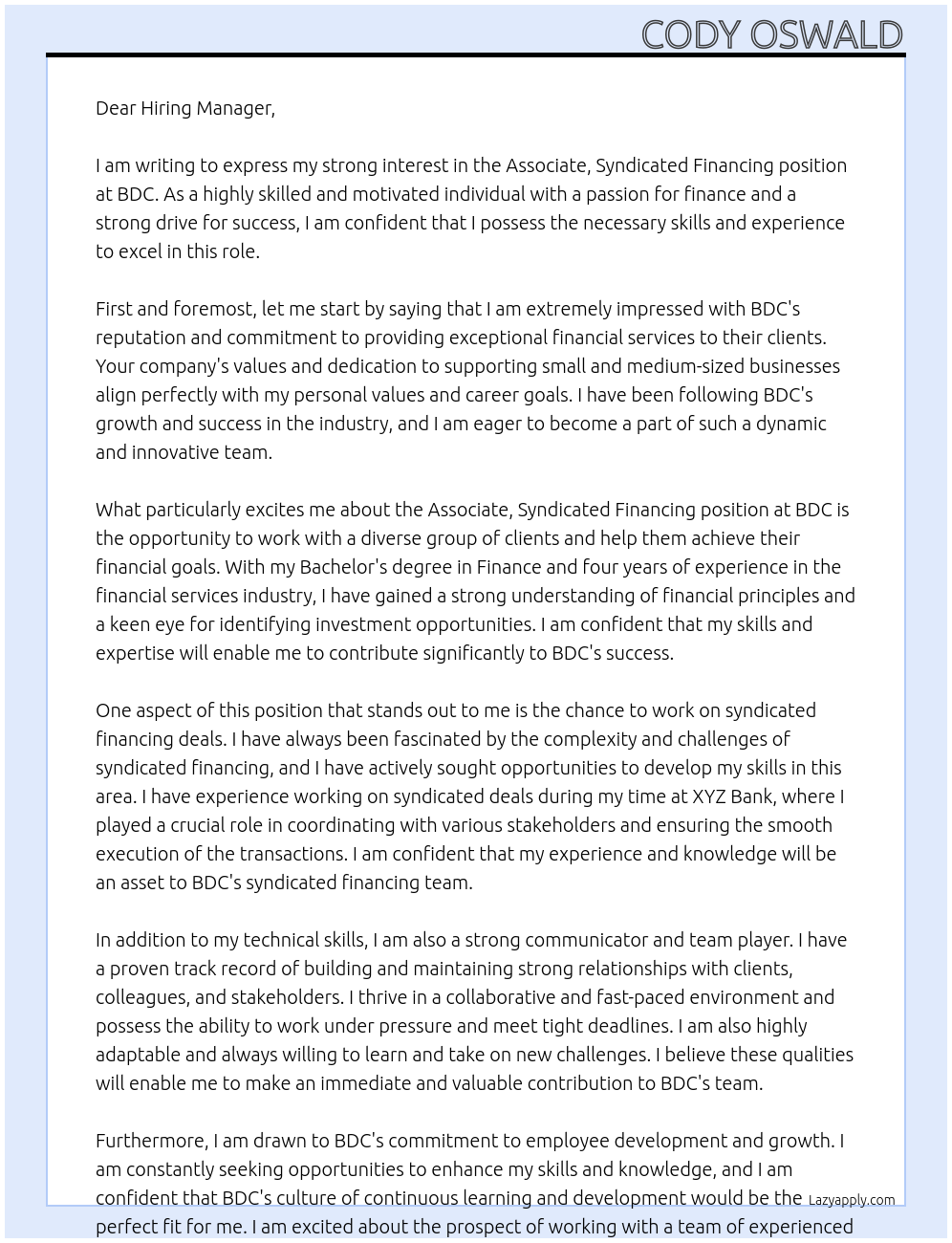 Cover letter for bdc - LazyApply