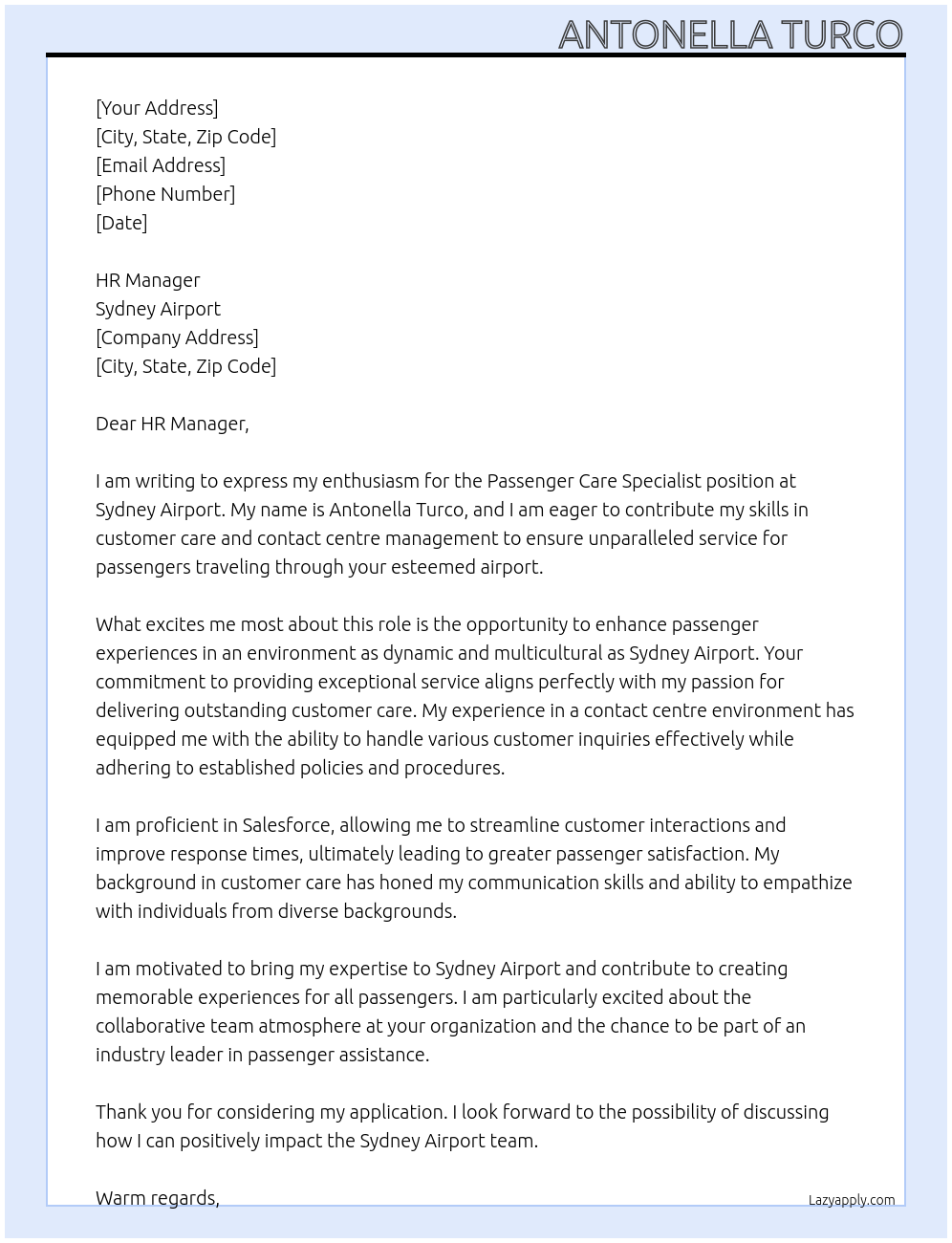 Cover letter for passenger care specialist - LazyApply