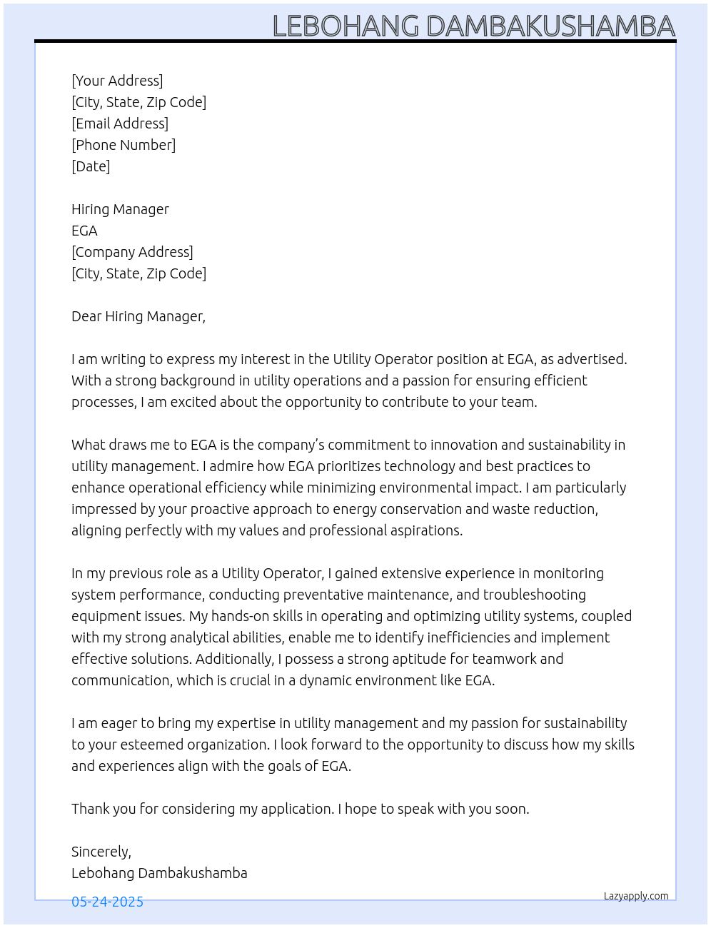 Cover letter for utility operator - LazyApply