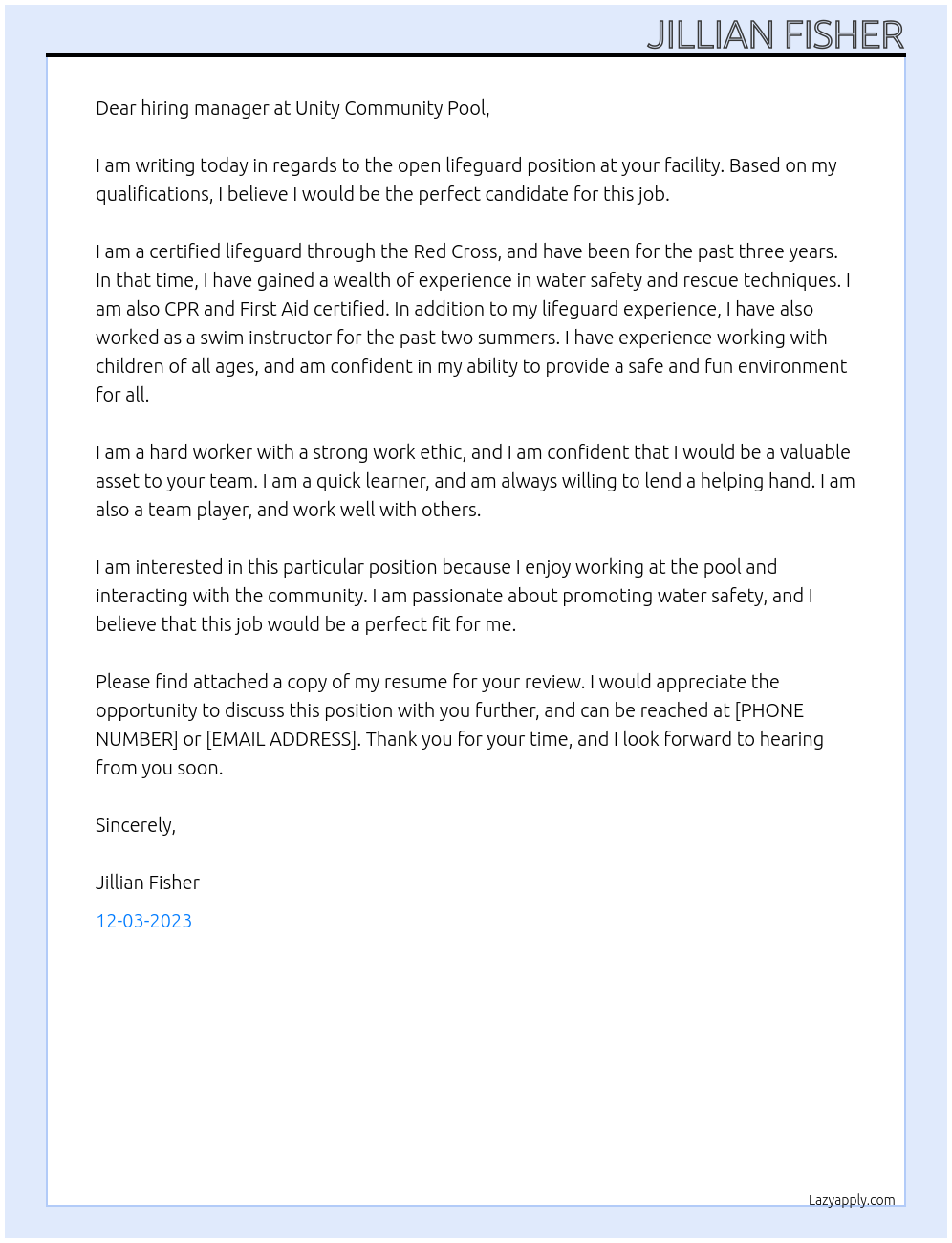 Cover letter for lifeguard - LazyApply