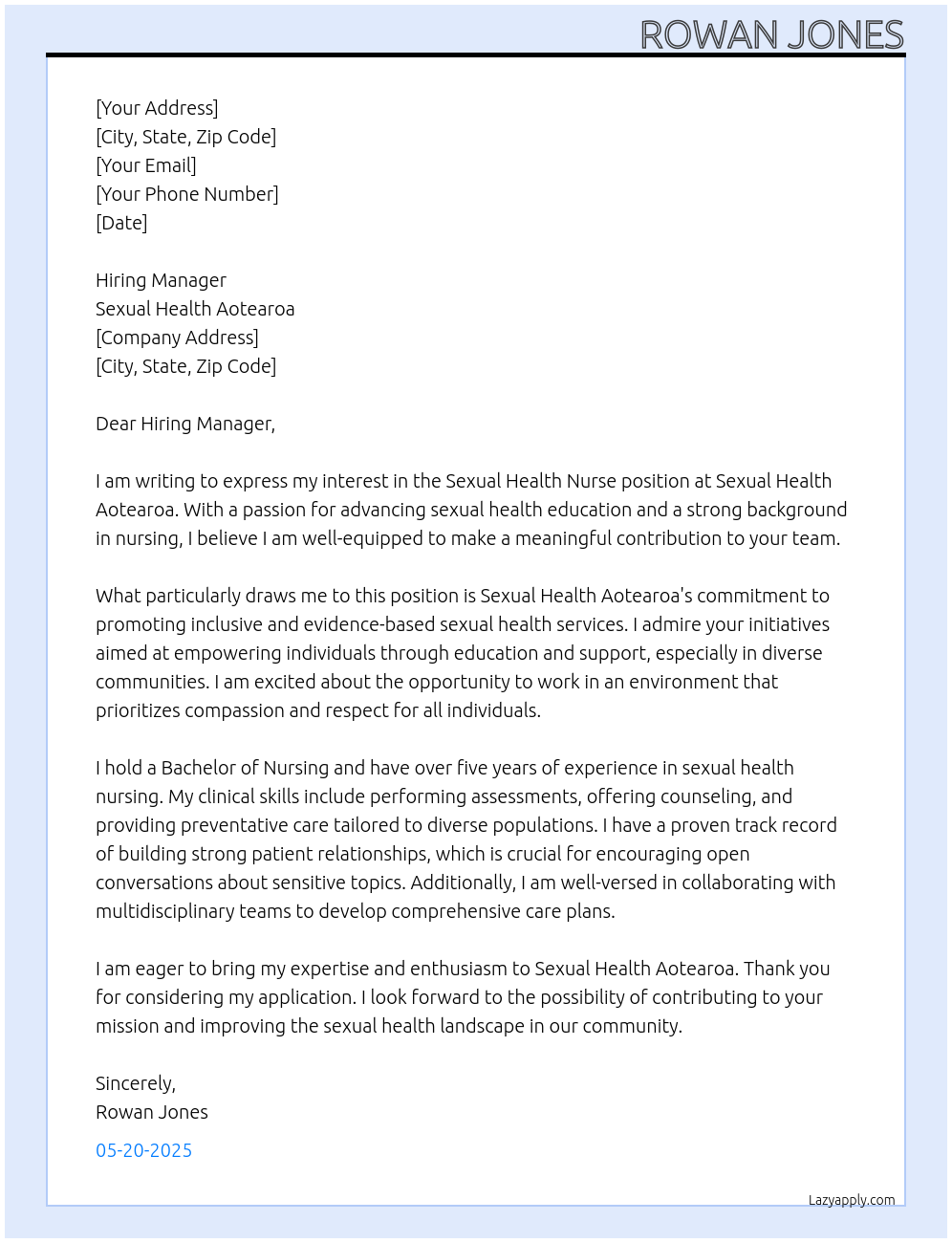 Cover letter for sexual health nurse - LazyApply