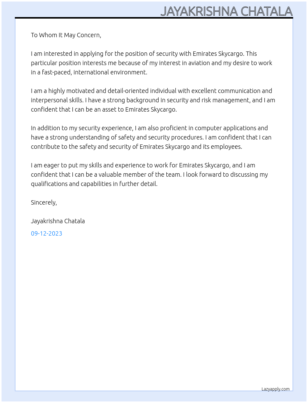 Cover letter for security - LazyApply