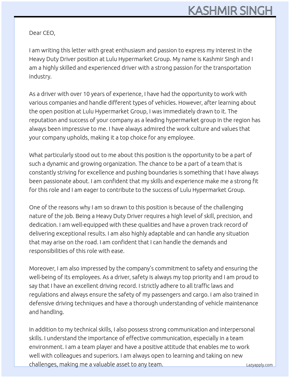Cover letter for heavy duty driver - LazyApply