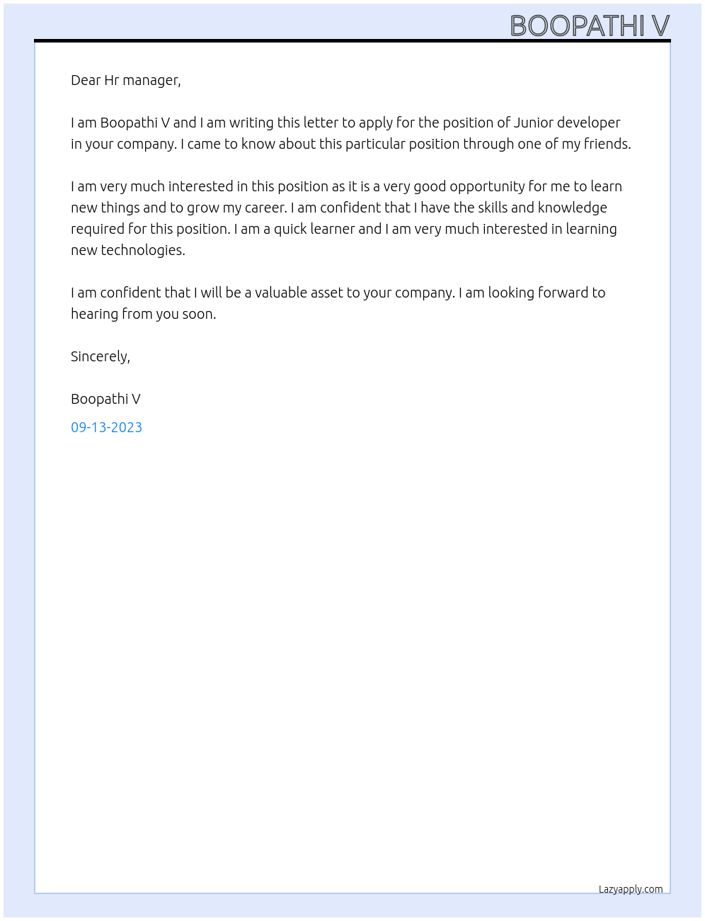 Cover letter for junior developer - LazyApply