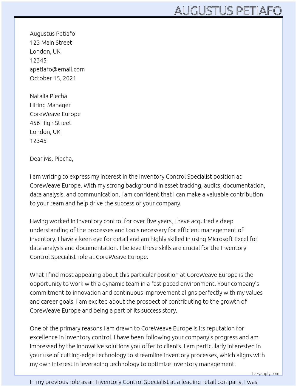Cover letter for inventory control specialist - LazyApply