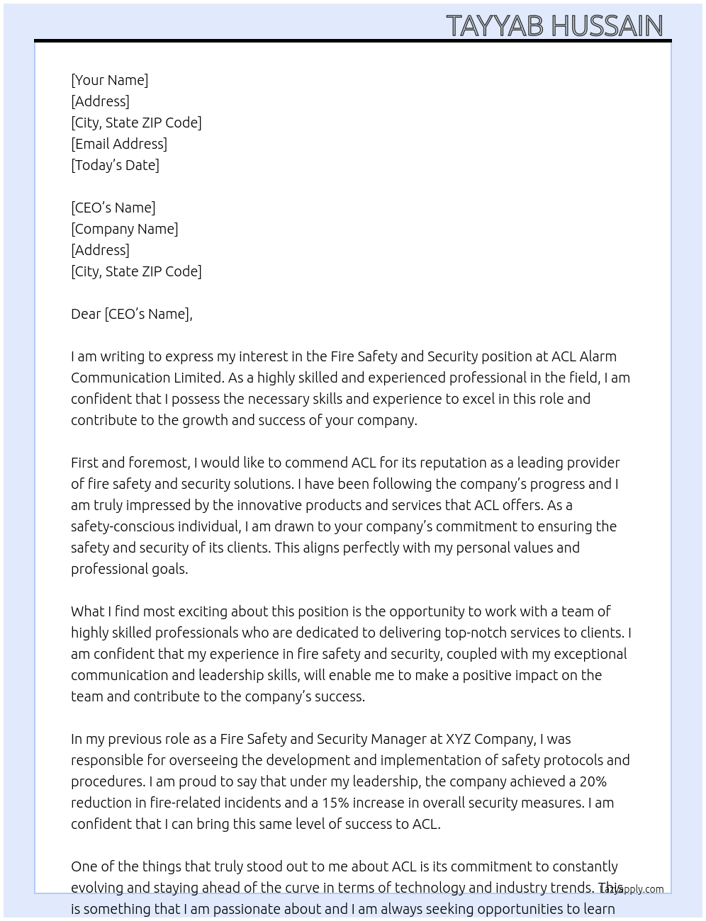 Cover letter for fire safety.security - LazyApply