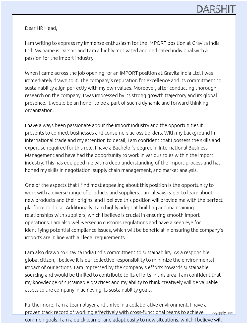Cover letter for import - LazyApply