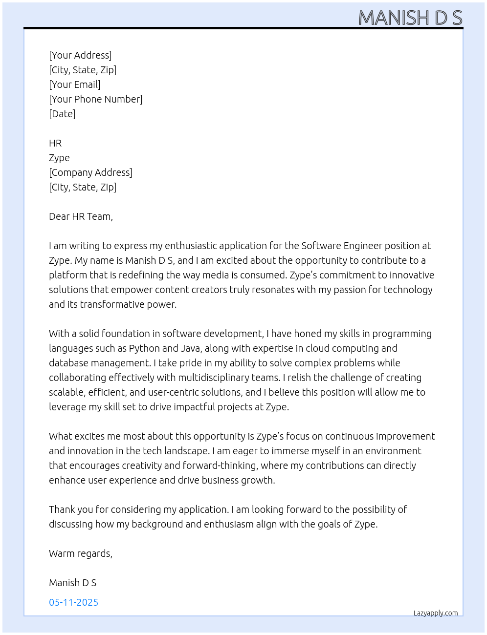 Cover letter for software engineer - LazyApply