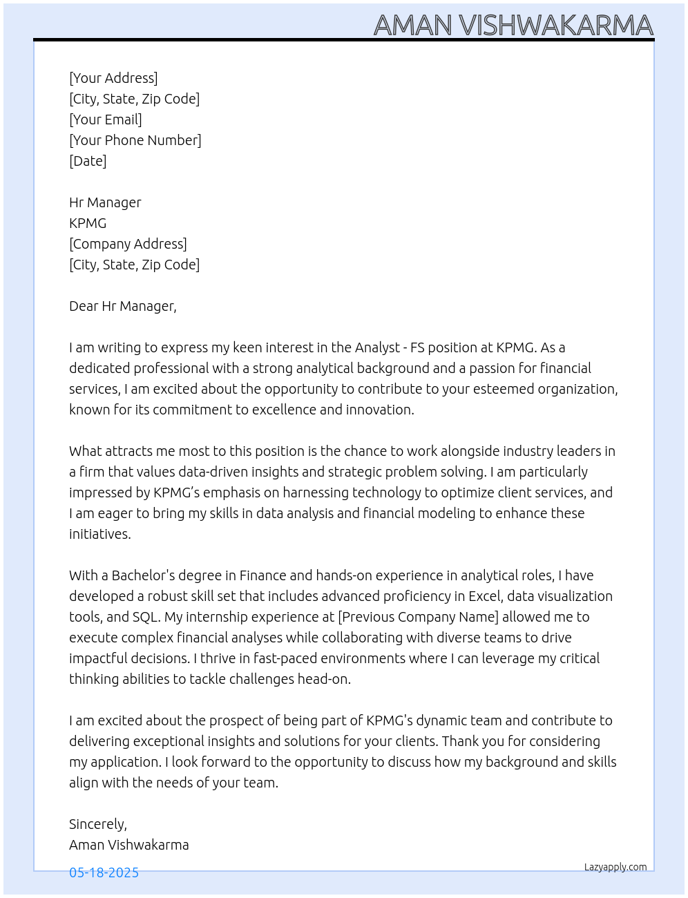 Cover letter for analyst - fs - LazyApply