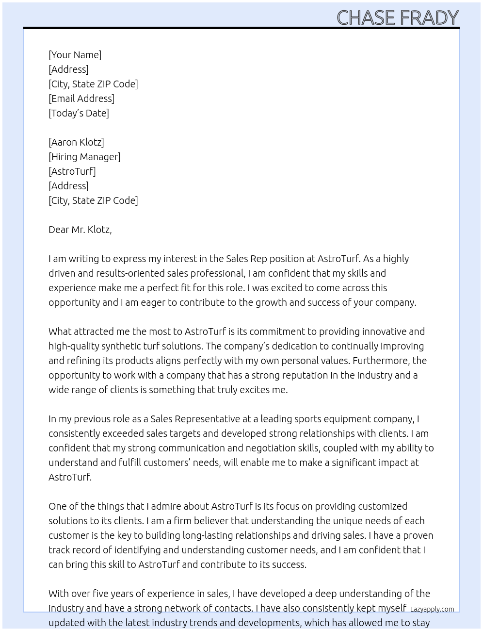 Cover letter for sales rep - LazyApply
