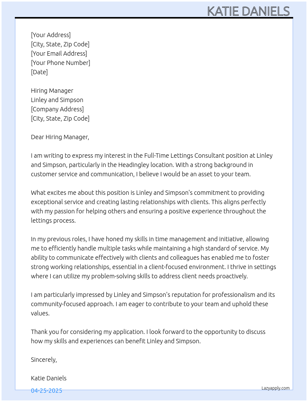 Cover letter for lettings consultant - LazyApply