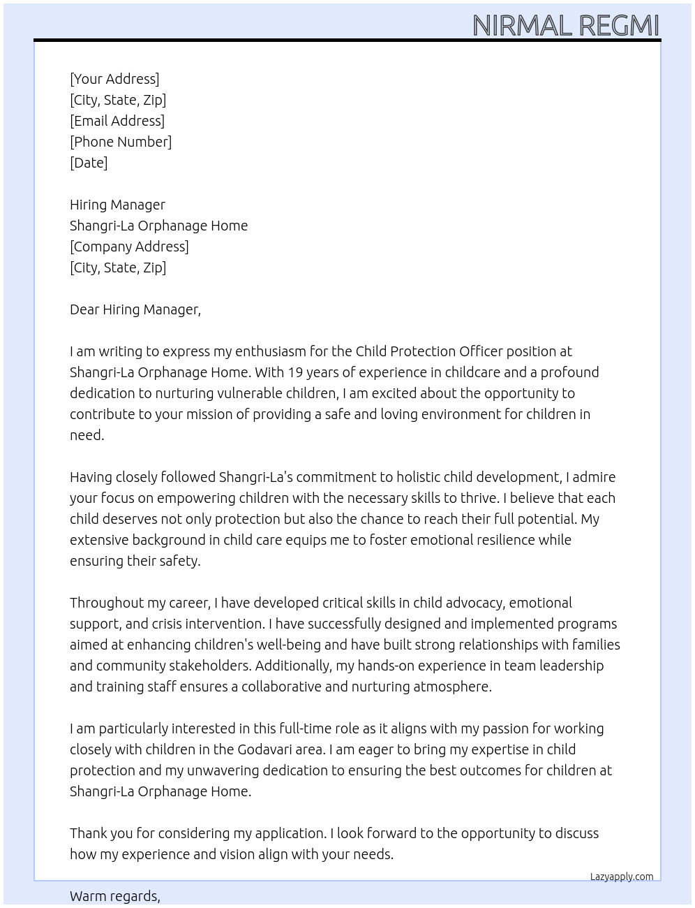 Cover letter for child protection officer / children care taker - LazyApply