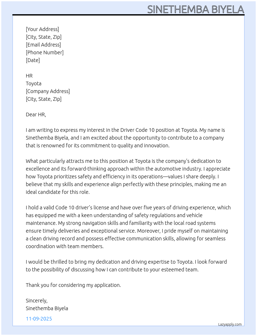 Cover letter for driver code 10 - LazyApply