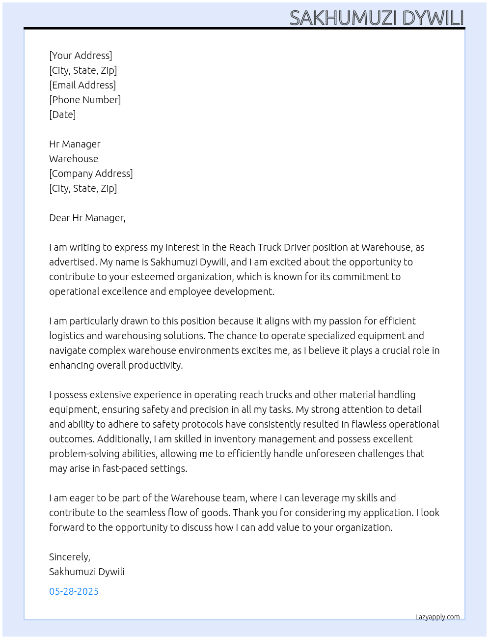 Cover letter for reach truck driver - LazyApply