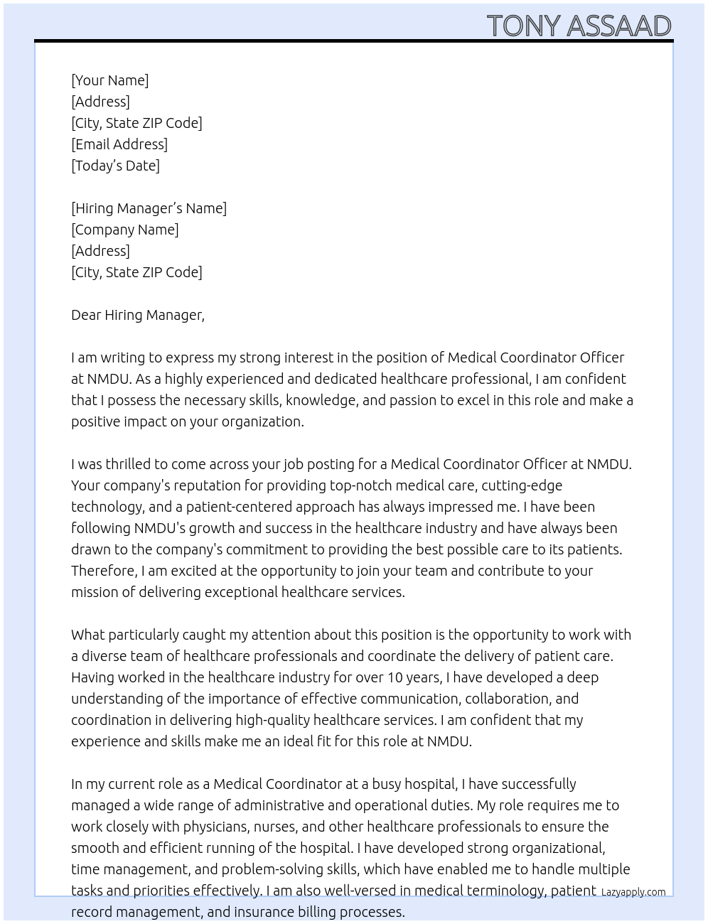 Cover letter for medical coordinator officer - LazyApply