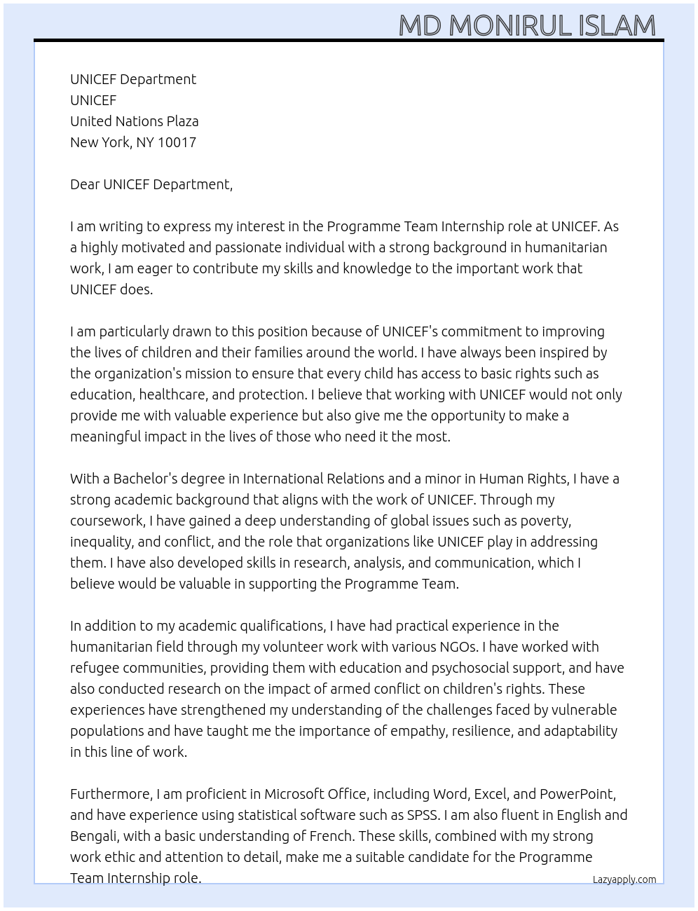 Cover letter for programme team - LazyApply