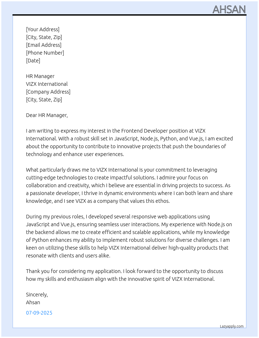 Cover letter for front-end developer - LazyApply