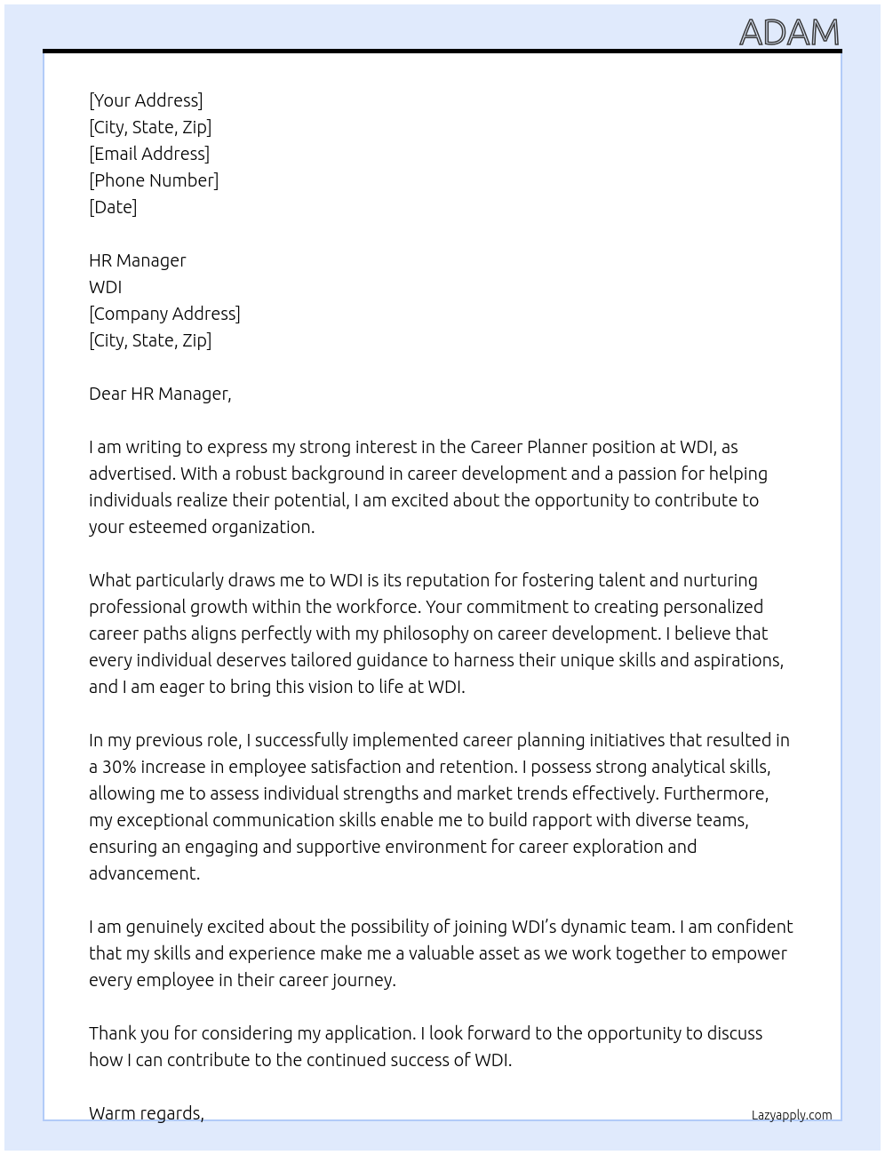 Cover letter for career planner - LazyApply