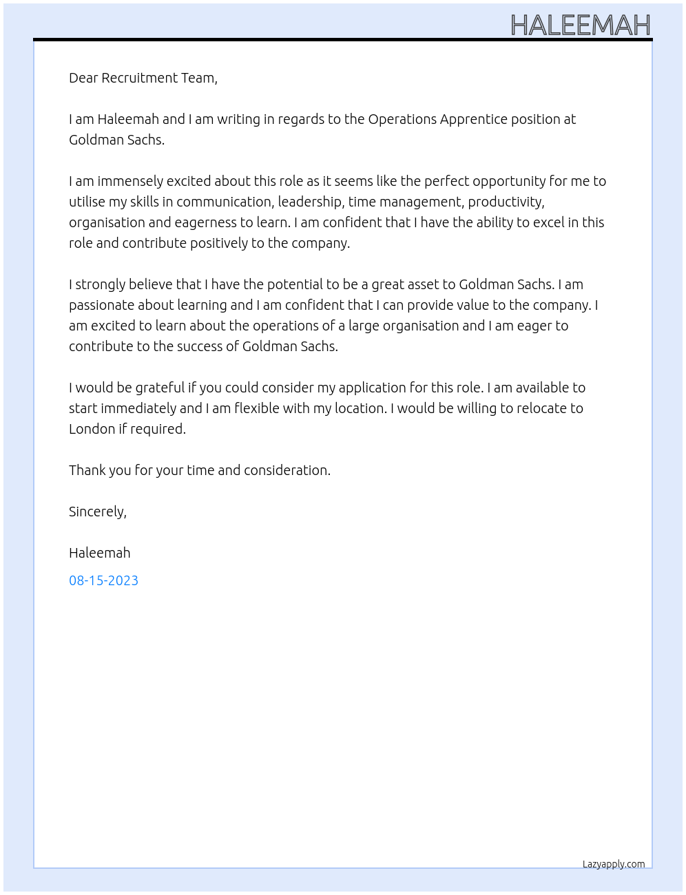 Cover letter for operations apprentice - LazyApply