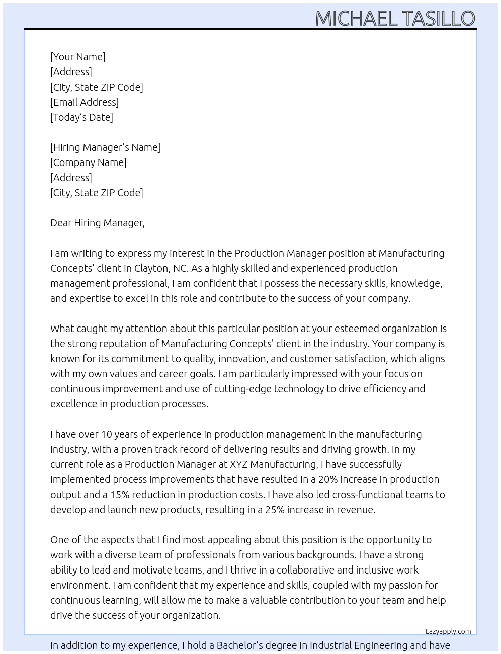 Cover letter for Production Manager - LazyApply