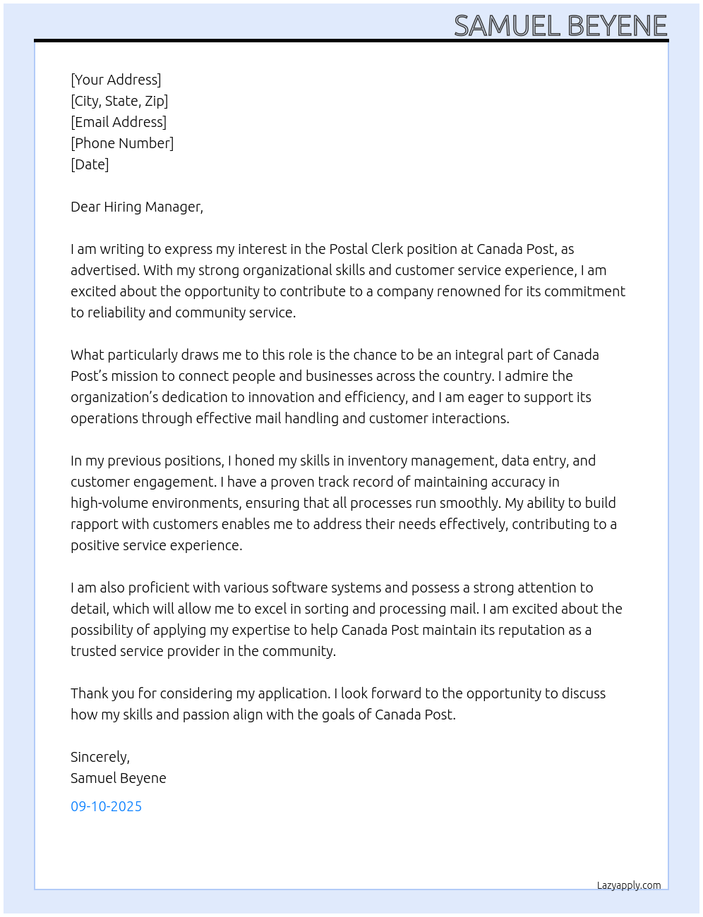 Cover letter for postal clerk - LazyApply