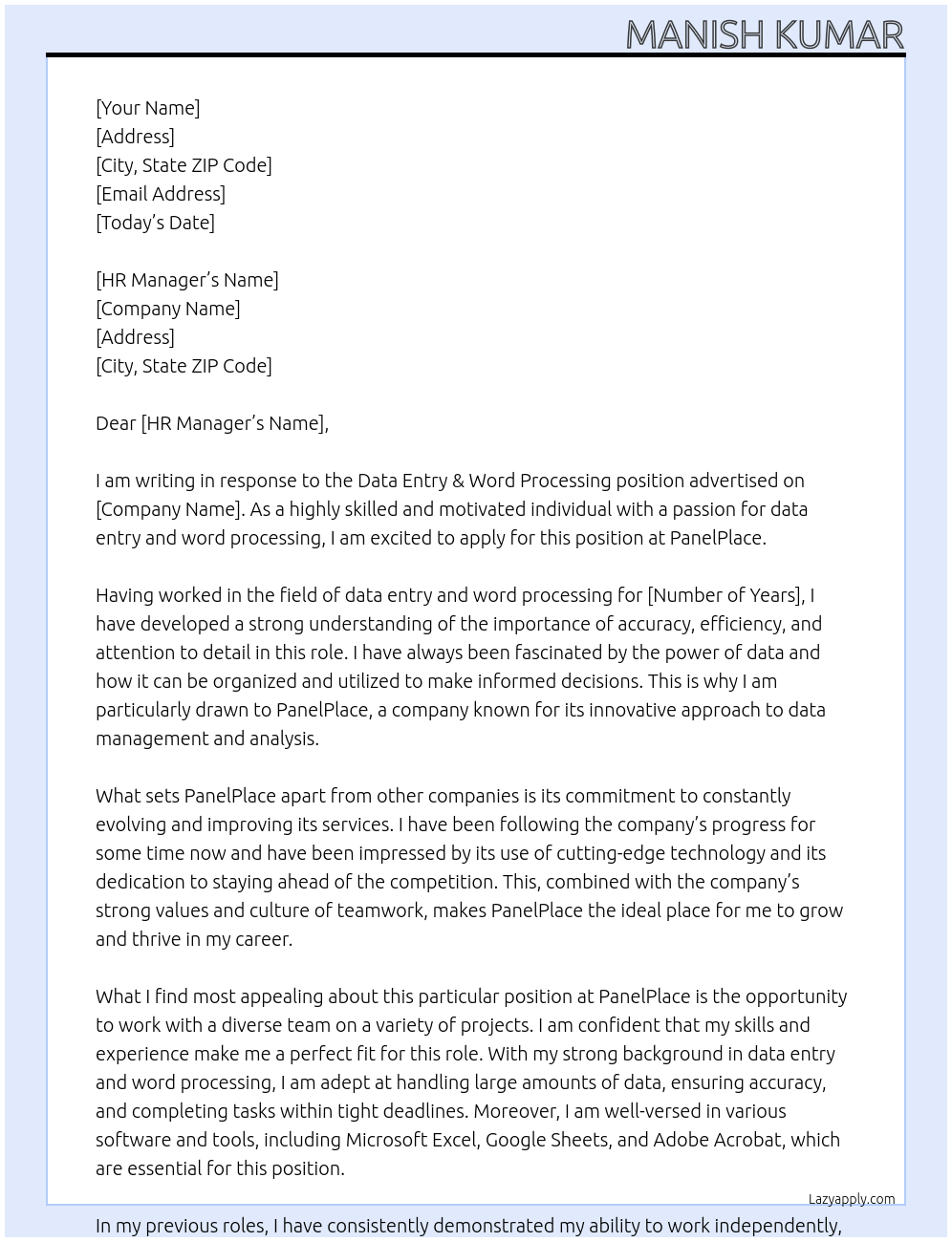 Cover letter for data entry & word processing - LazyApply