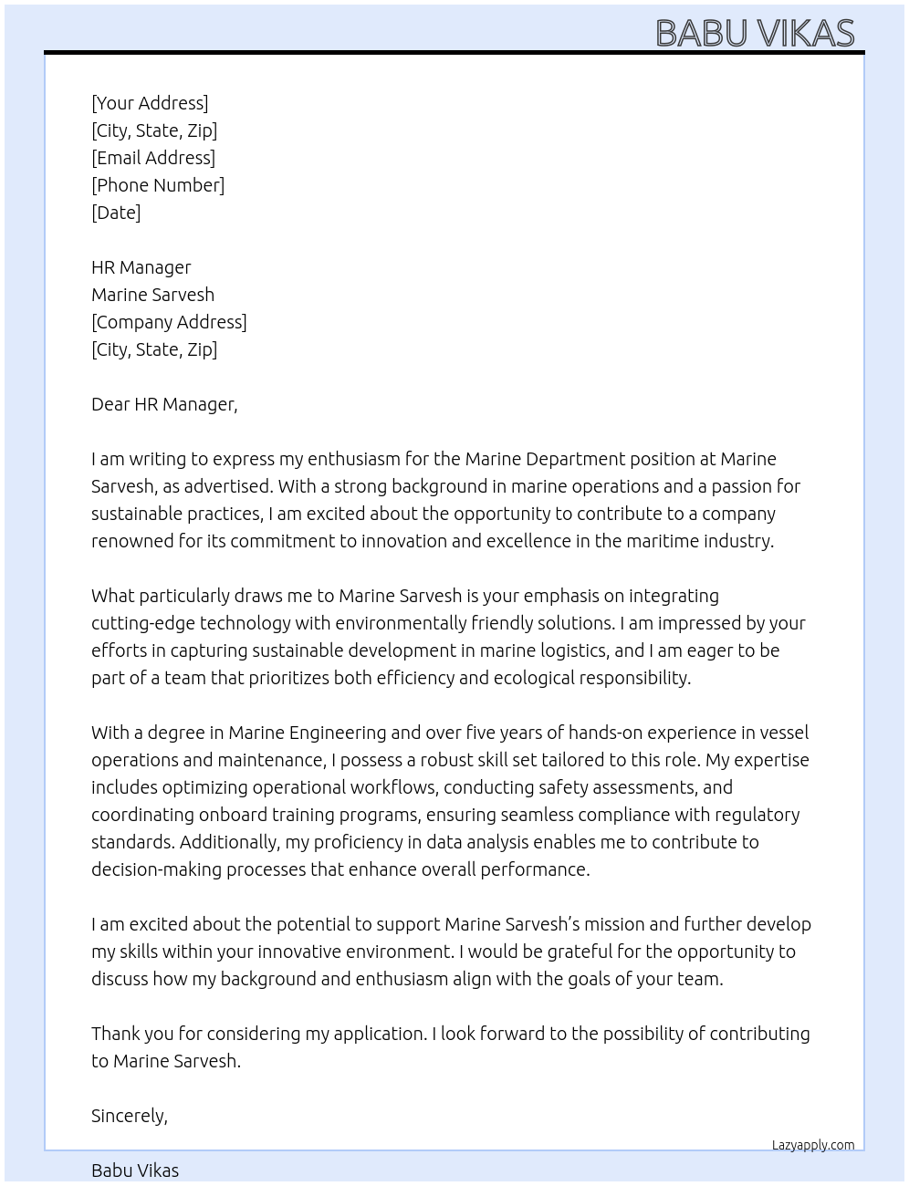 Cover letter for marine department - LazyApply