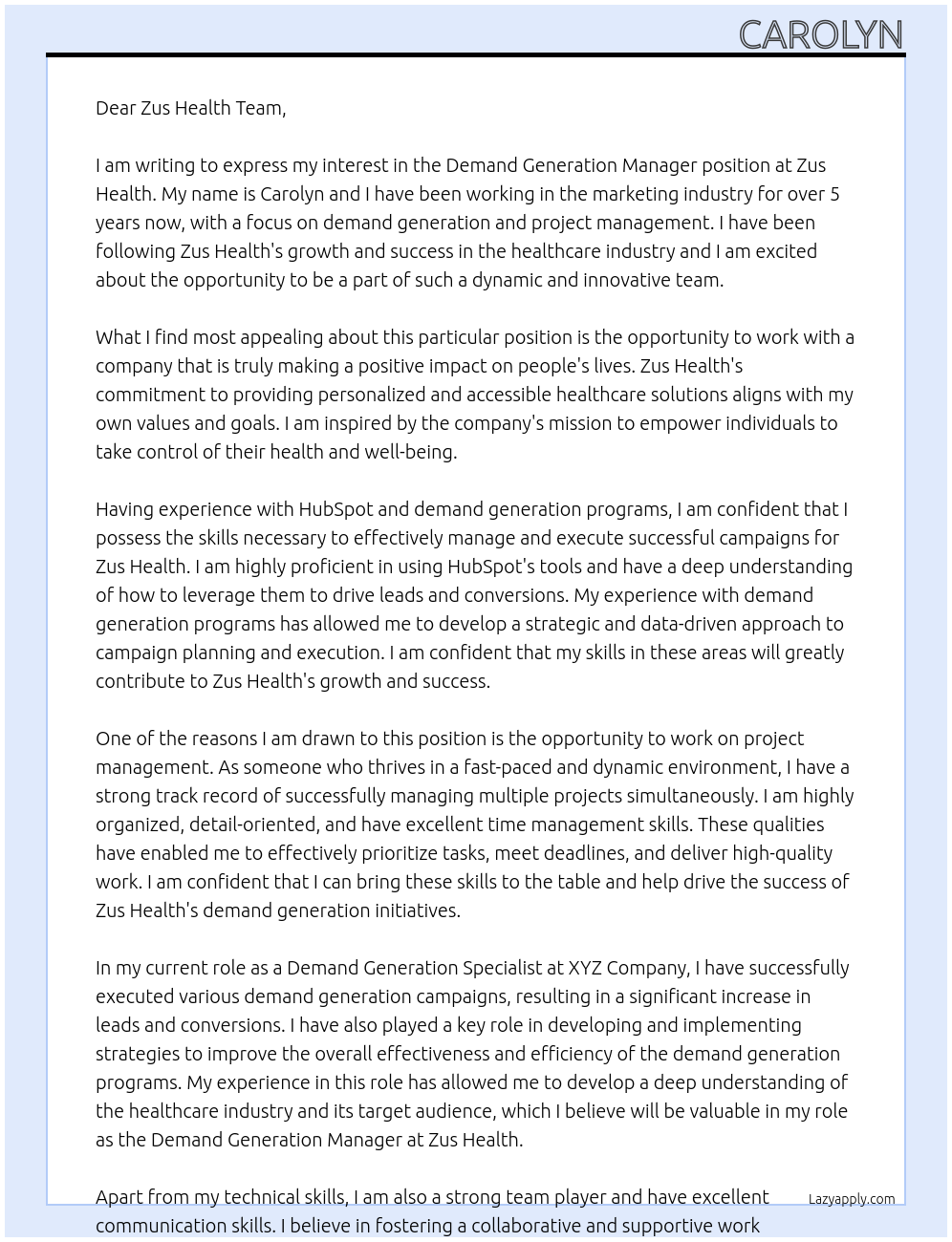 Cover letter for demand generation manager - LazyApply
