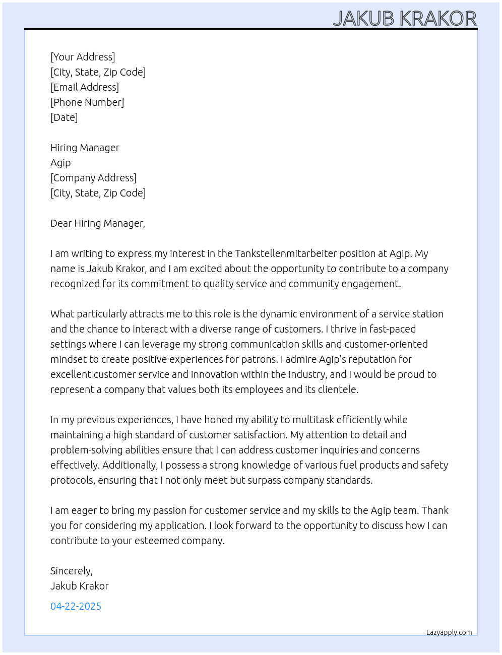 Cover letter for tankstellenmitarbeiter - LazyApply