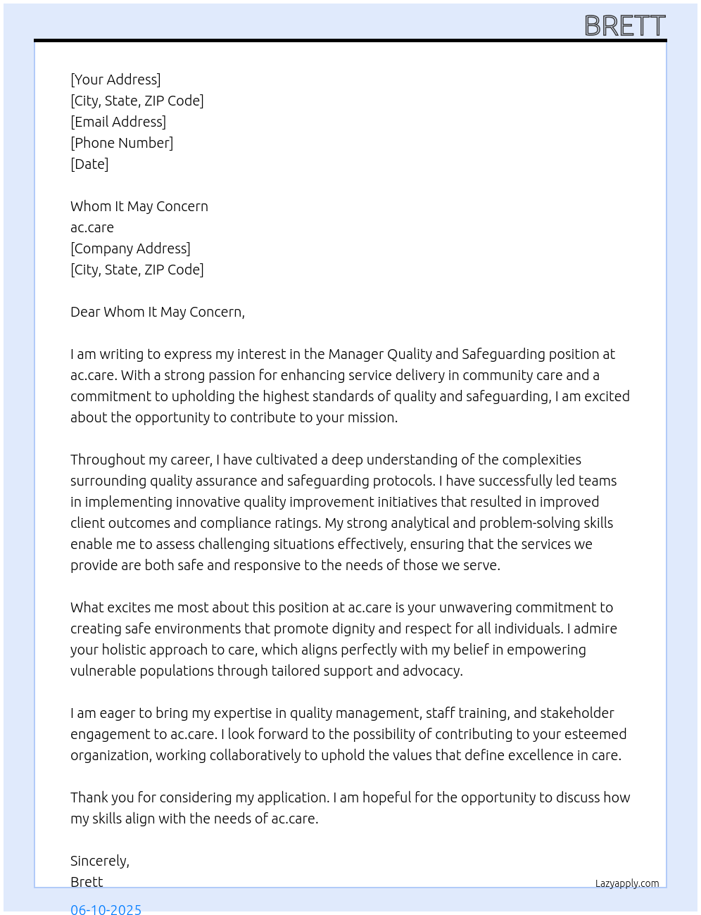 Cover letter for manager quality and safeguarding - LazyApply