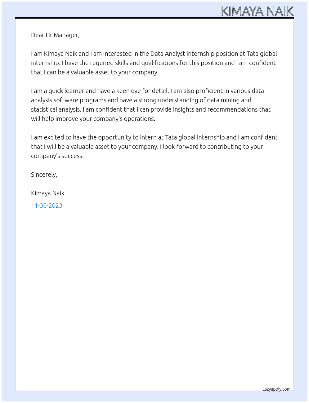 Cover letter for data analyst internship - LazyApply