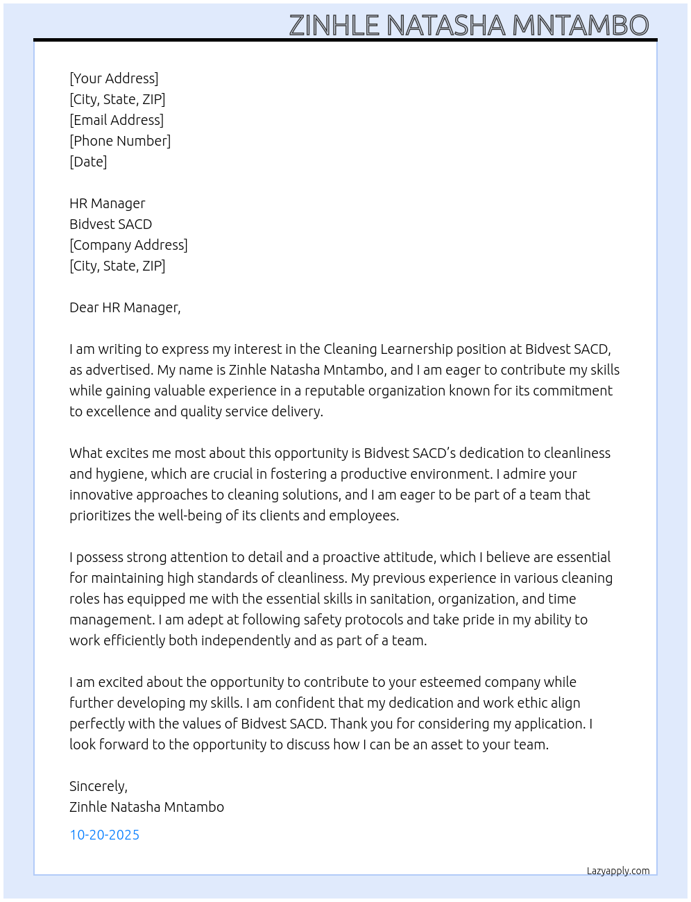 Cover letter for cleaning learnership - LazyApply