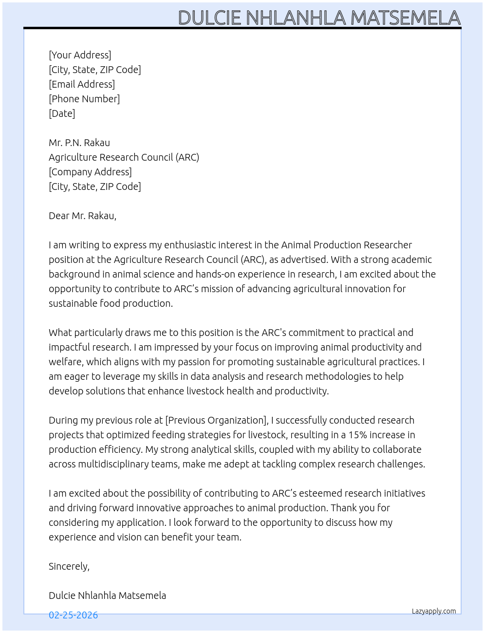 Cover letter for animal production researcher - LazyApply