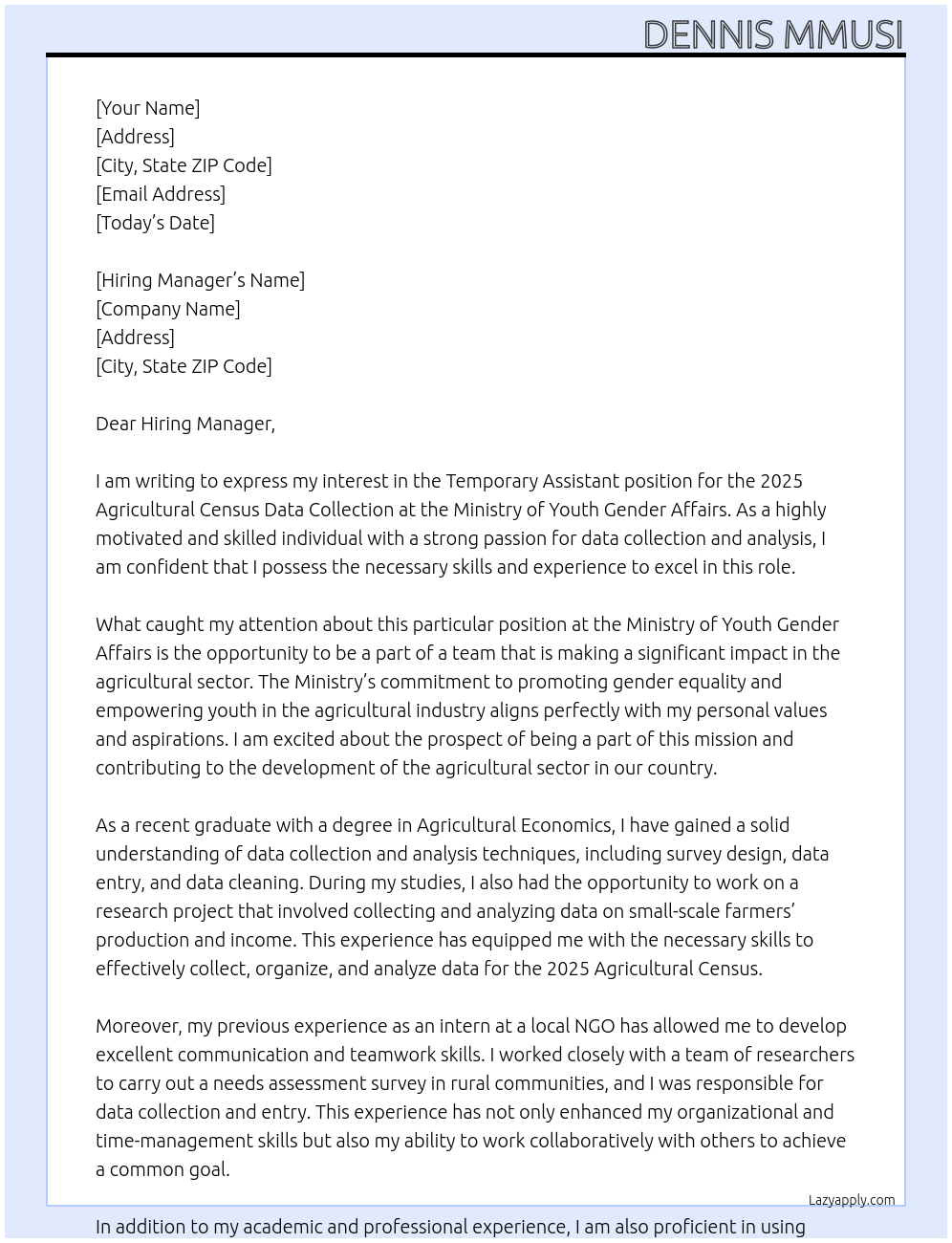 Cover letter for temporary assistant-2025 agricultural census data ...