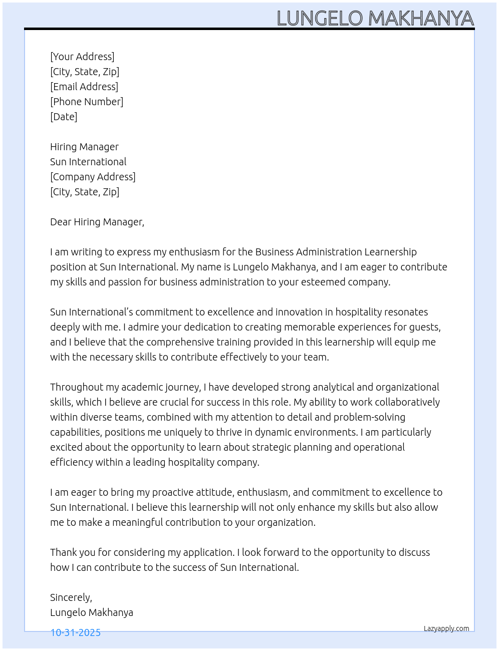 Cover letter for business administration learnership - LazyApply