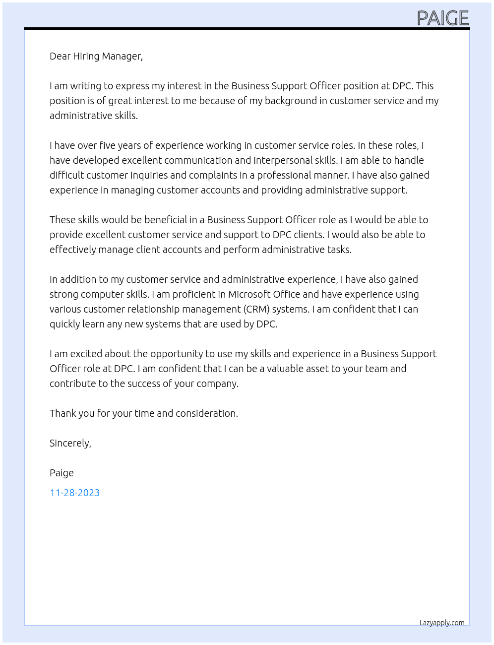 Cover letter for business support officer - LazyApply